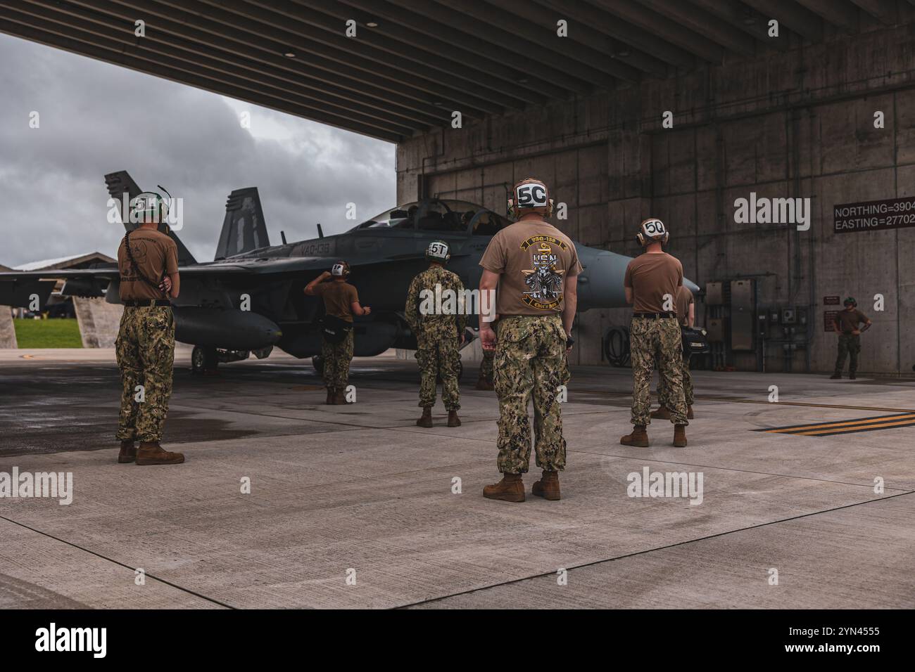 U.S. Navy Sailors with Electronic Attack Squadron 138 (VAQ-138) inspect ...