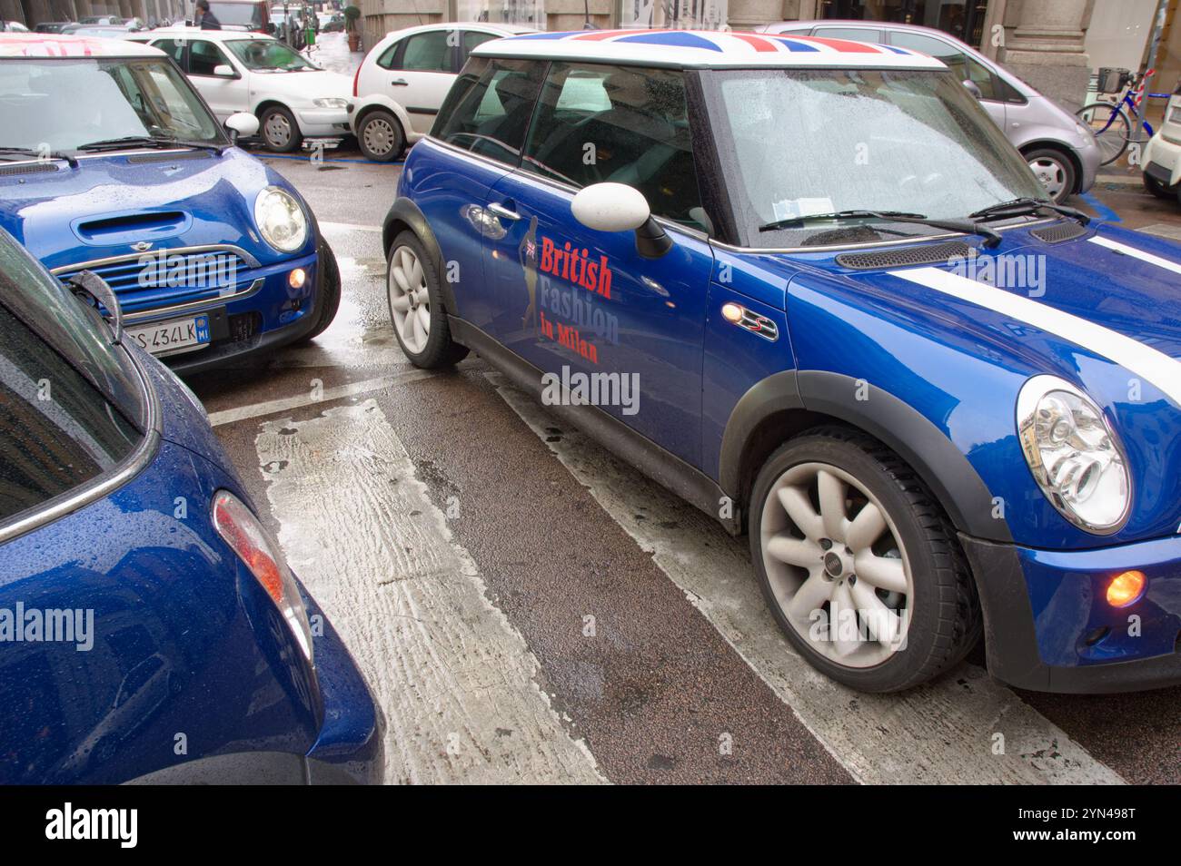 Mini cars promoting British Fashion in Milan, Italy, February 2005 ...