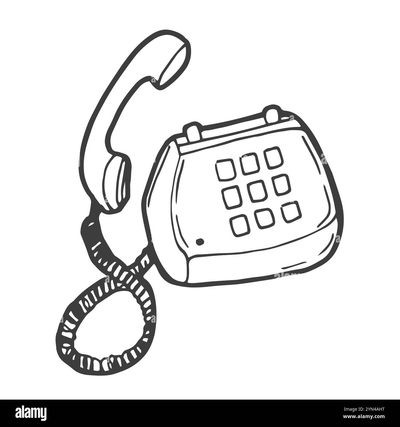 Hand drawn cute outline illustration of blue retro wired phone. Flat ...