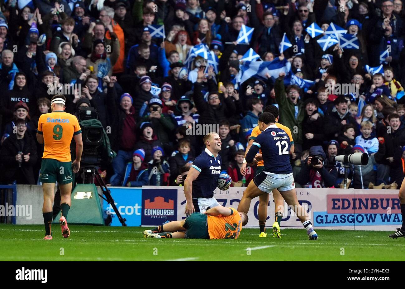 Scotland's Duhan van der Merwe celebrates scoring a try during the ...