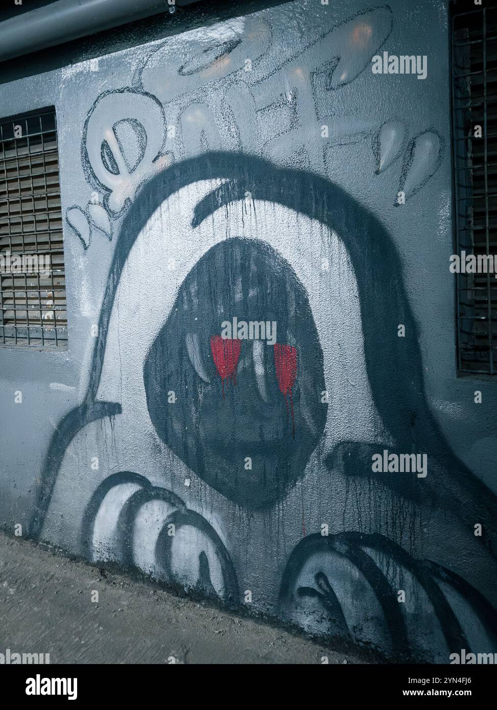Dark Urban Graffiti of Hooded Figure with Dripping Red Eyes on Textured ...