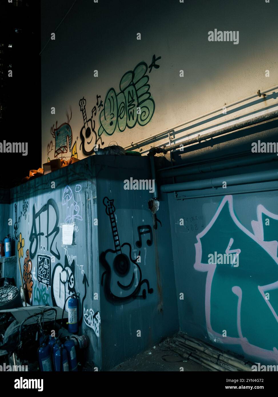 Urban Alleyway Graffiti with Guitar, Abstract Designs, and Colorful ...