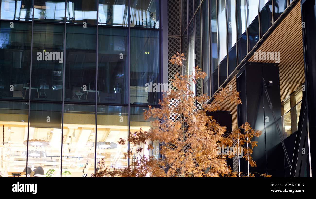 Office building in the evening with lightened workspaces. Modern ...