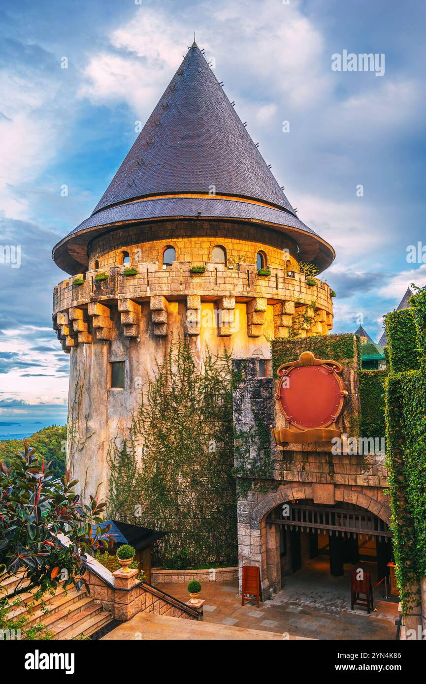 beautiful stone tower of a medieval European castle fortress Stock ...