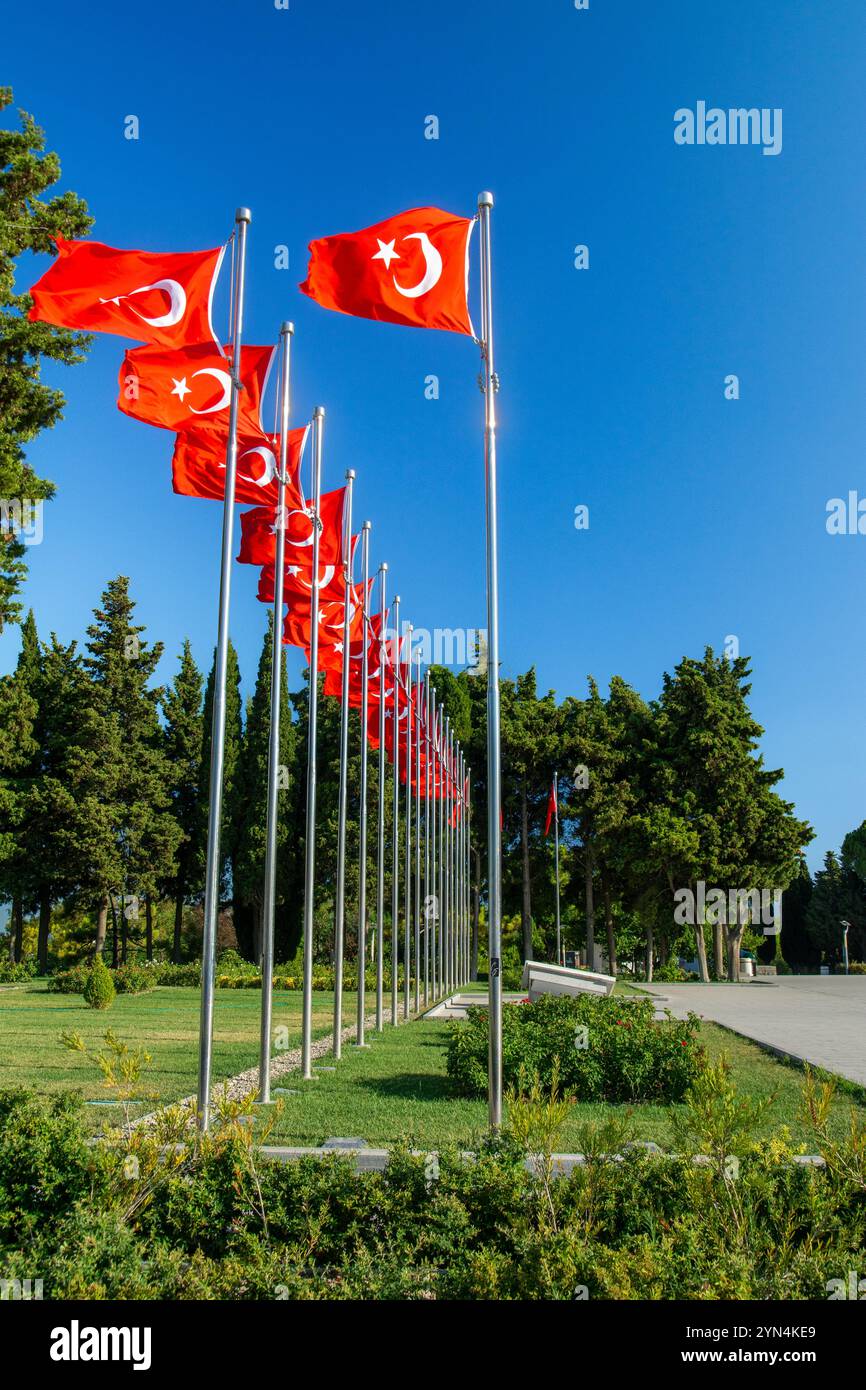 Row of Turkish National Flags Waving Against Clear Blue Summer Sky ...