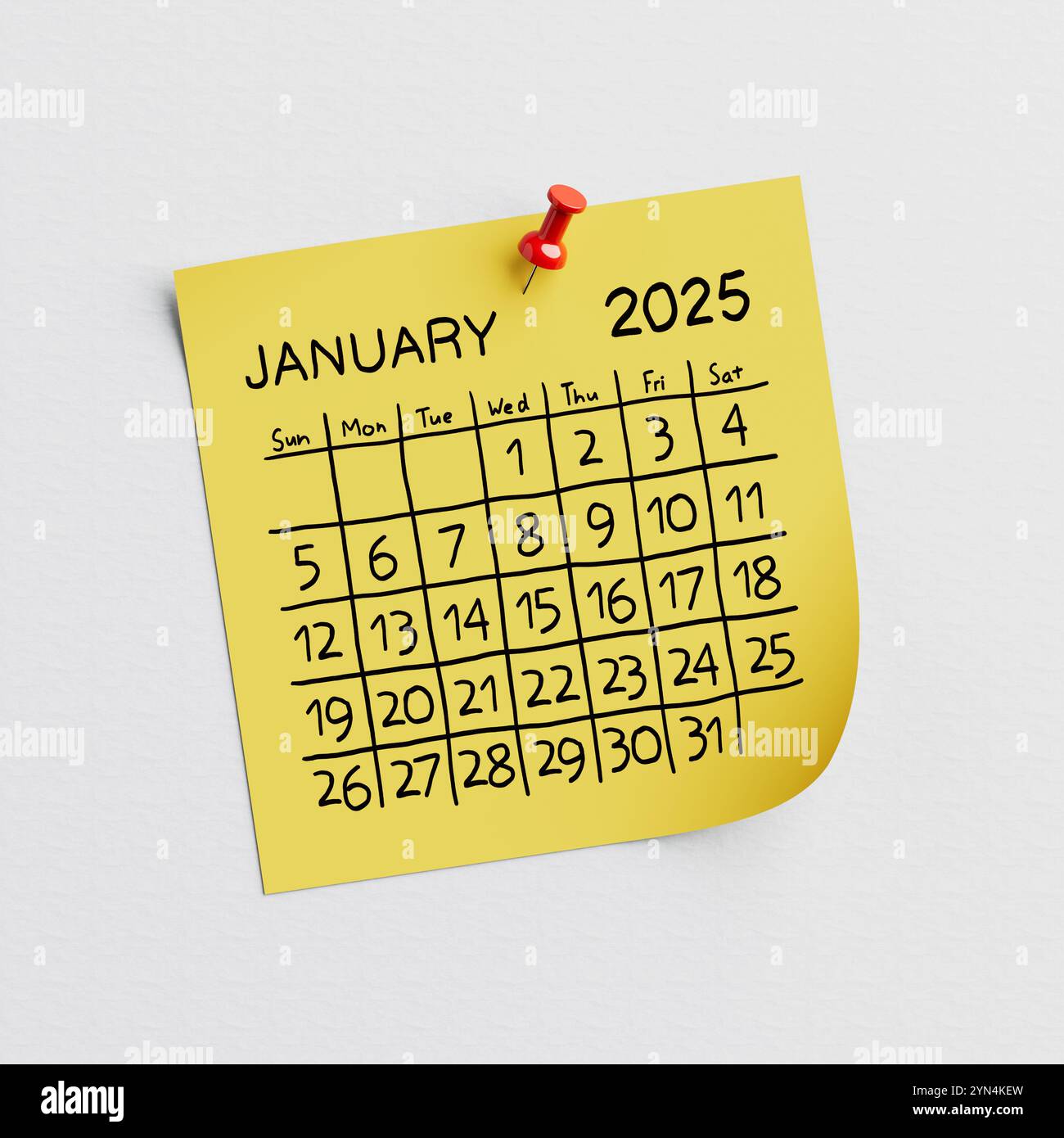 Yellow Note Paper with 2025 Year January Handwritten Calendar and ...