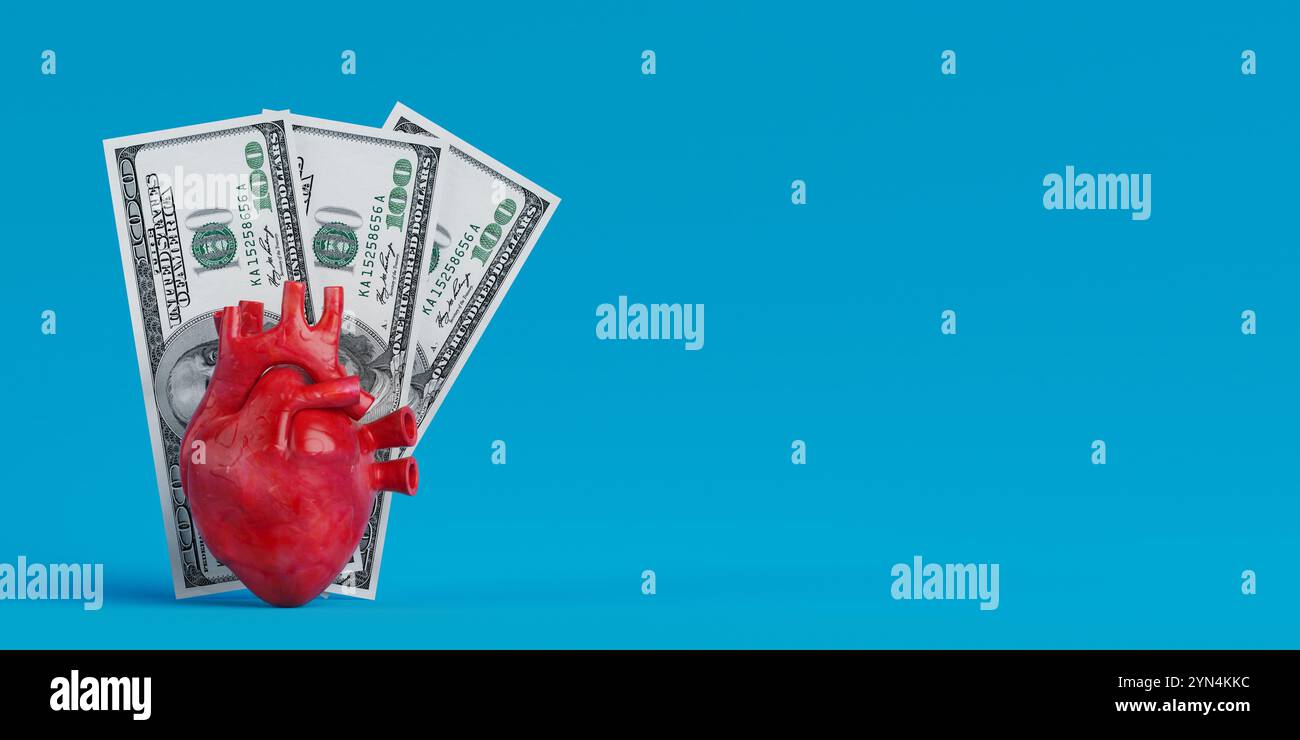 Human Heart Anatomy Internal Organ with Money Dollar Bills on a blue ...