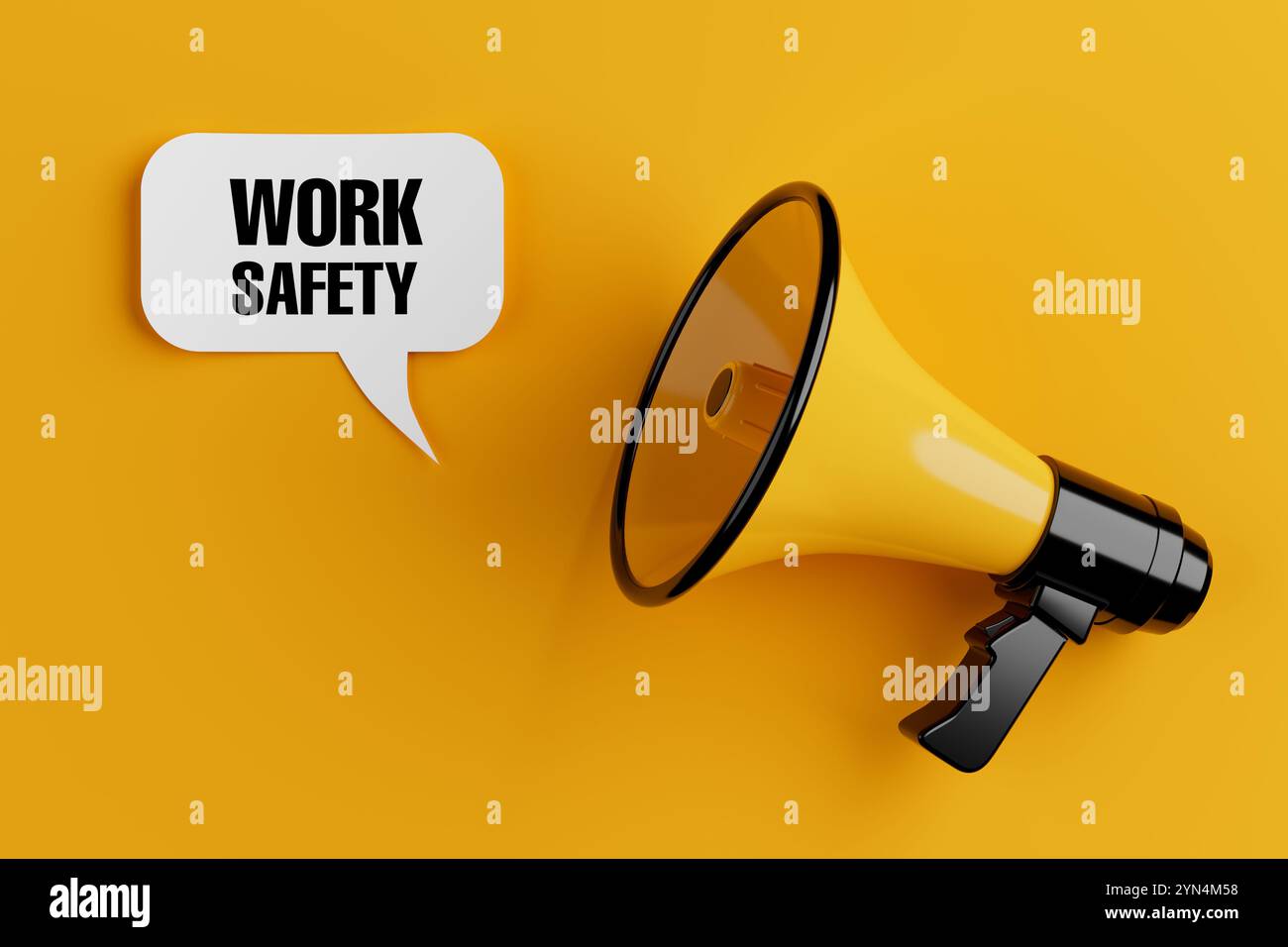 Yellow Megaphone with Work Safety Sign Speech Clouds Chat Bubble on a ...