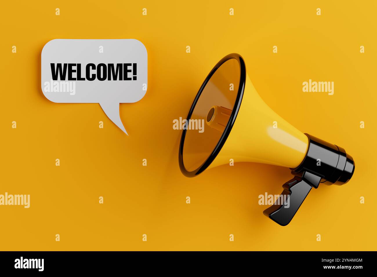 Yellow Megaphone with Welcome Speech Clouds Chat Bubble on a yellow ...