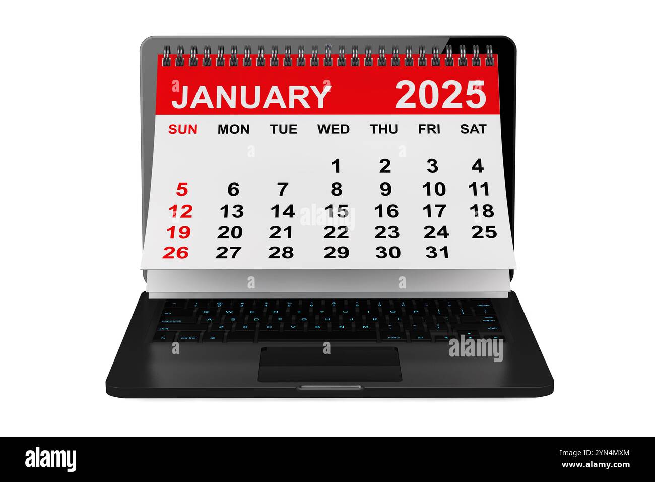 2025 year calendar. January calendar over laptop screen on a white ...