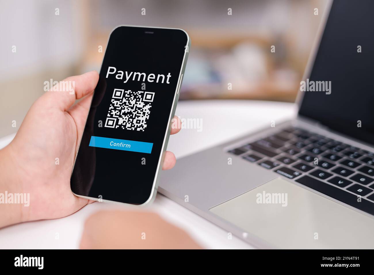 Hands holding mobile phone, Qr code payment or cashless technology ...