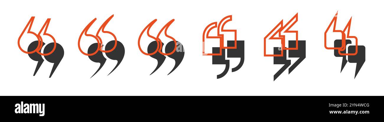 A set of black quotation marks with red outlines on a white background ...