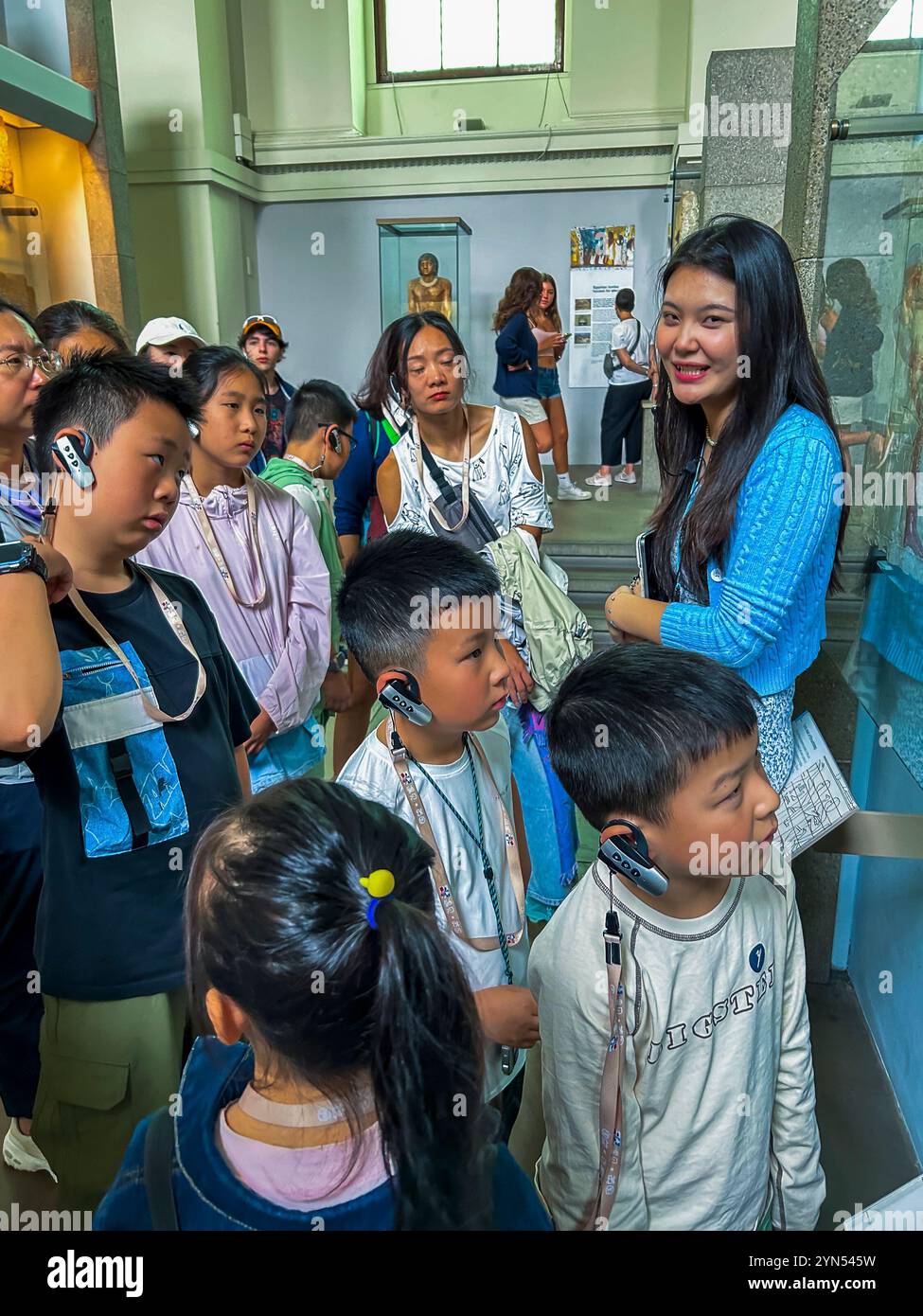 London, England, Group People, Chinese Children Listening to Tour Guide ...