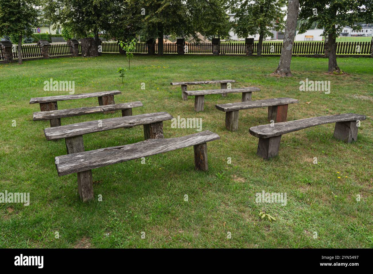 Old empty wooden benches hi-res stock photography and images - Alamy