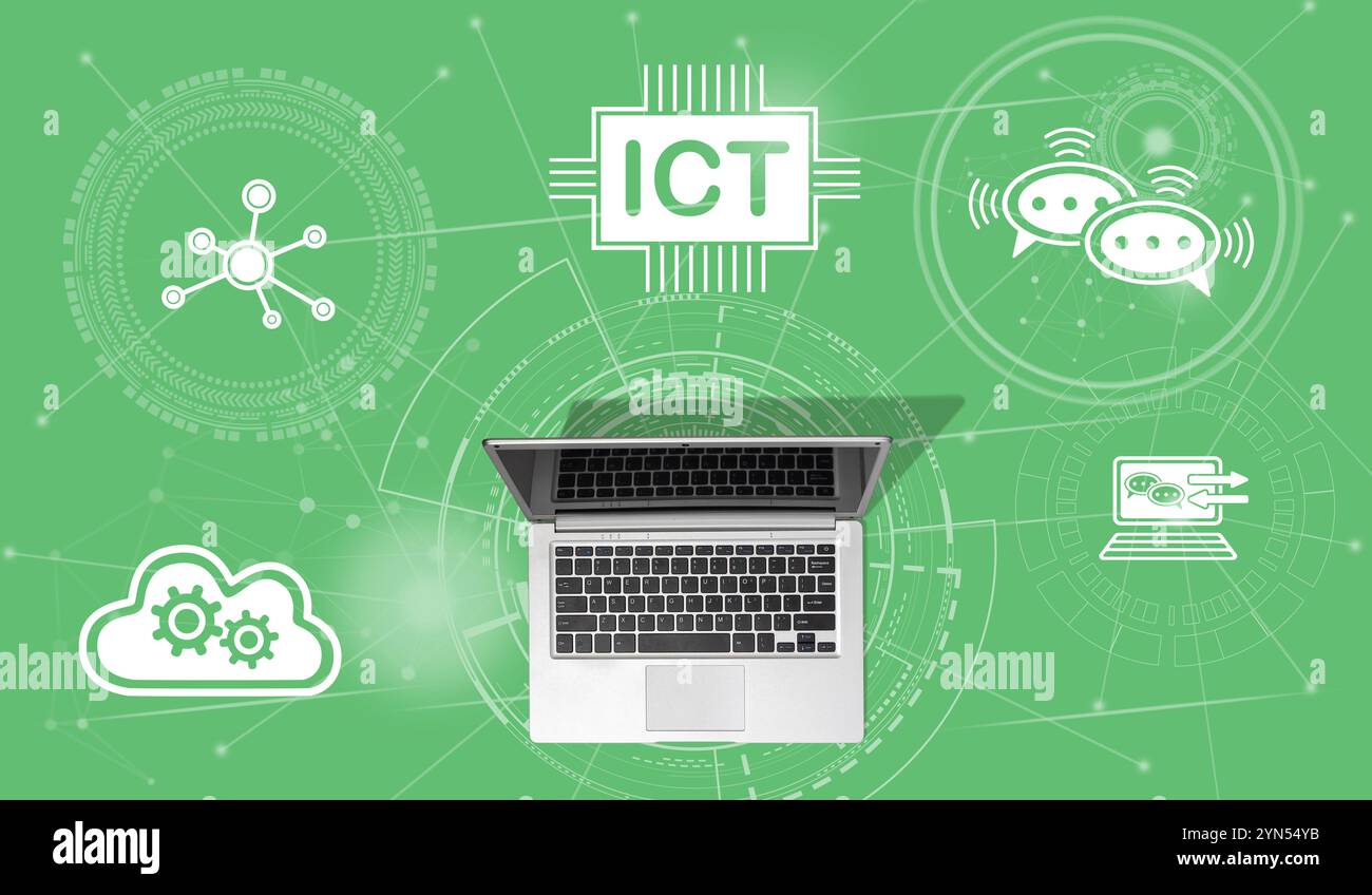 Top view of laptop with symbol of ict concept Stock Photo - Alamy