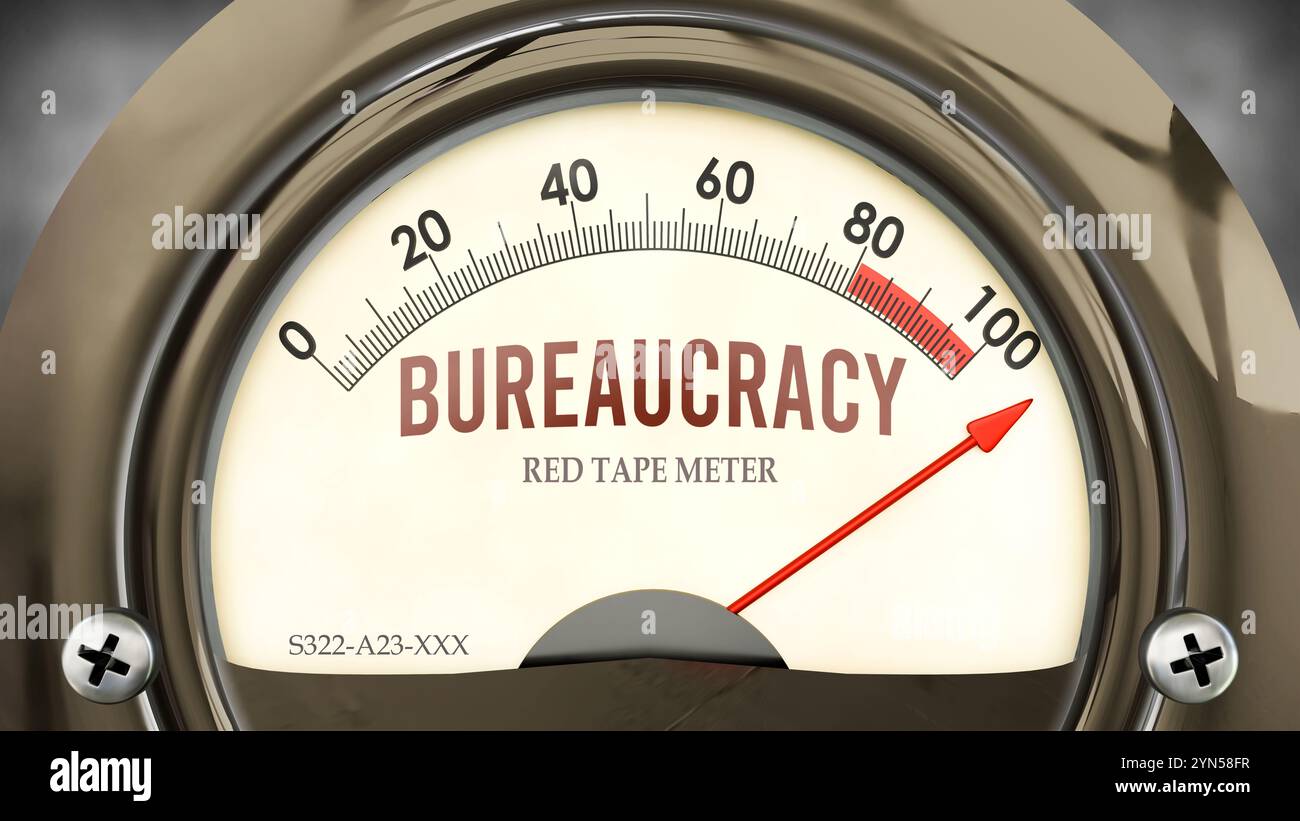Bureaucracy and Red Tape Meter that is hitting a full scale, showing a ...