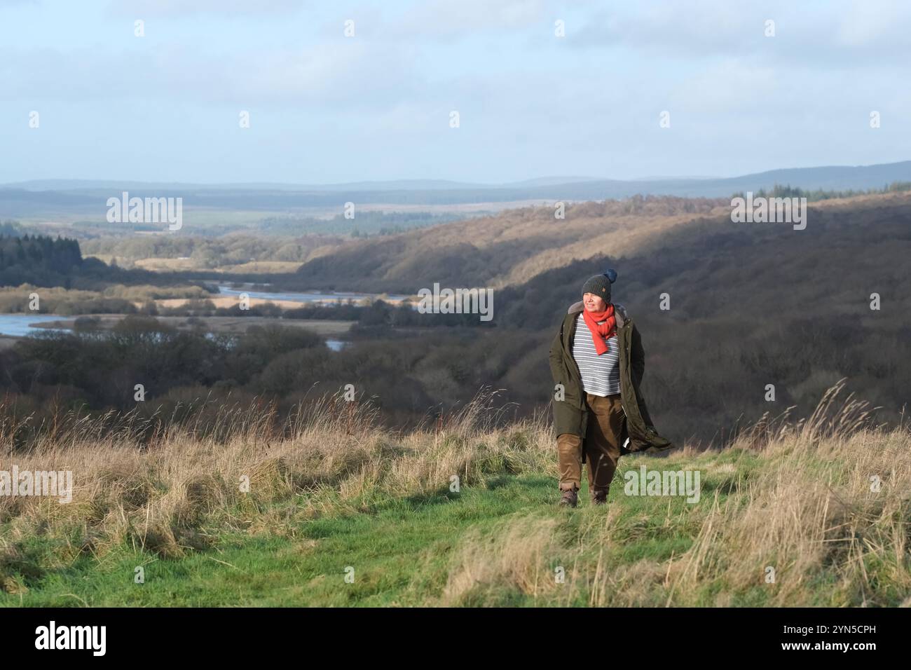 Moor of Barclye, Wood of Cree, woman visitor walking at site managed by ...