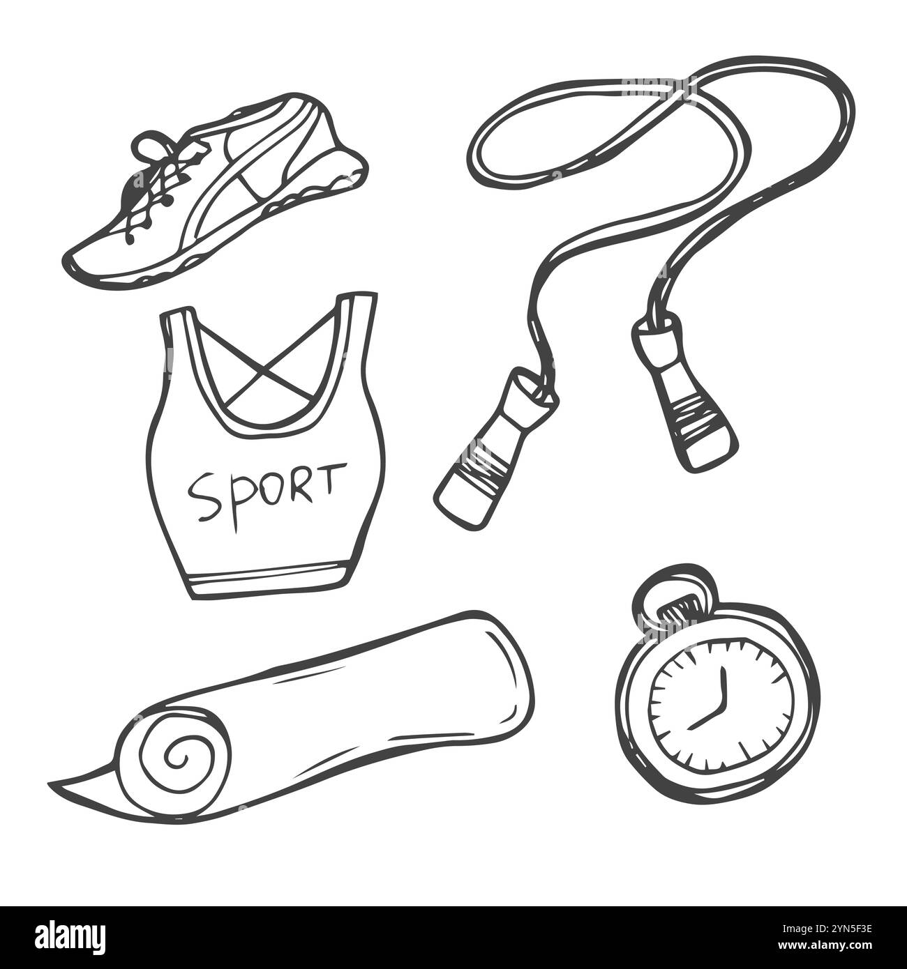 Hand drawn set of fitness, gym equipments, activity lifestyle concept ...