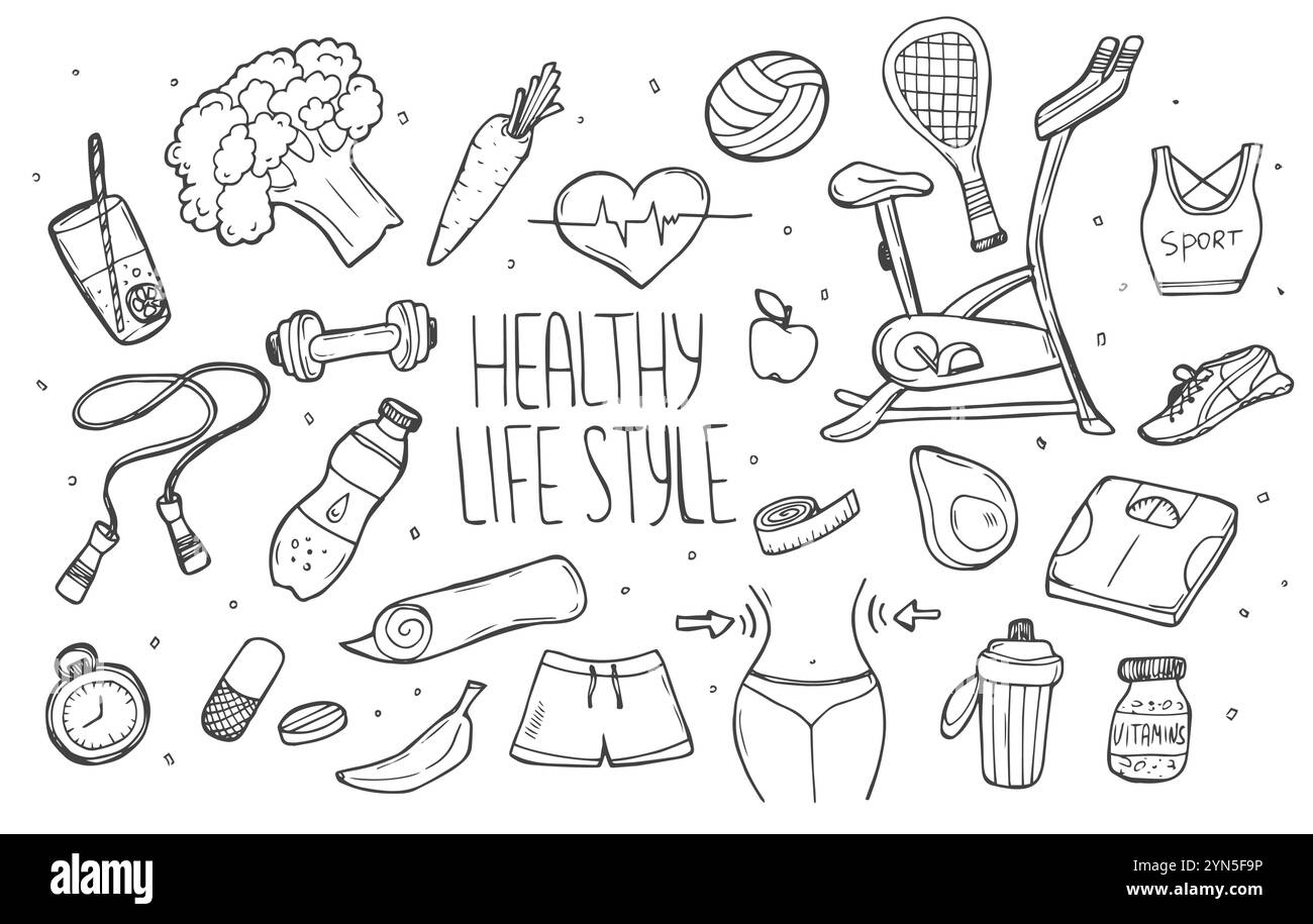Healthy lifestyle hand drawn set. Collection doodle objects with ...