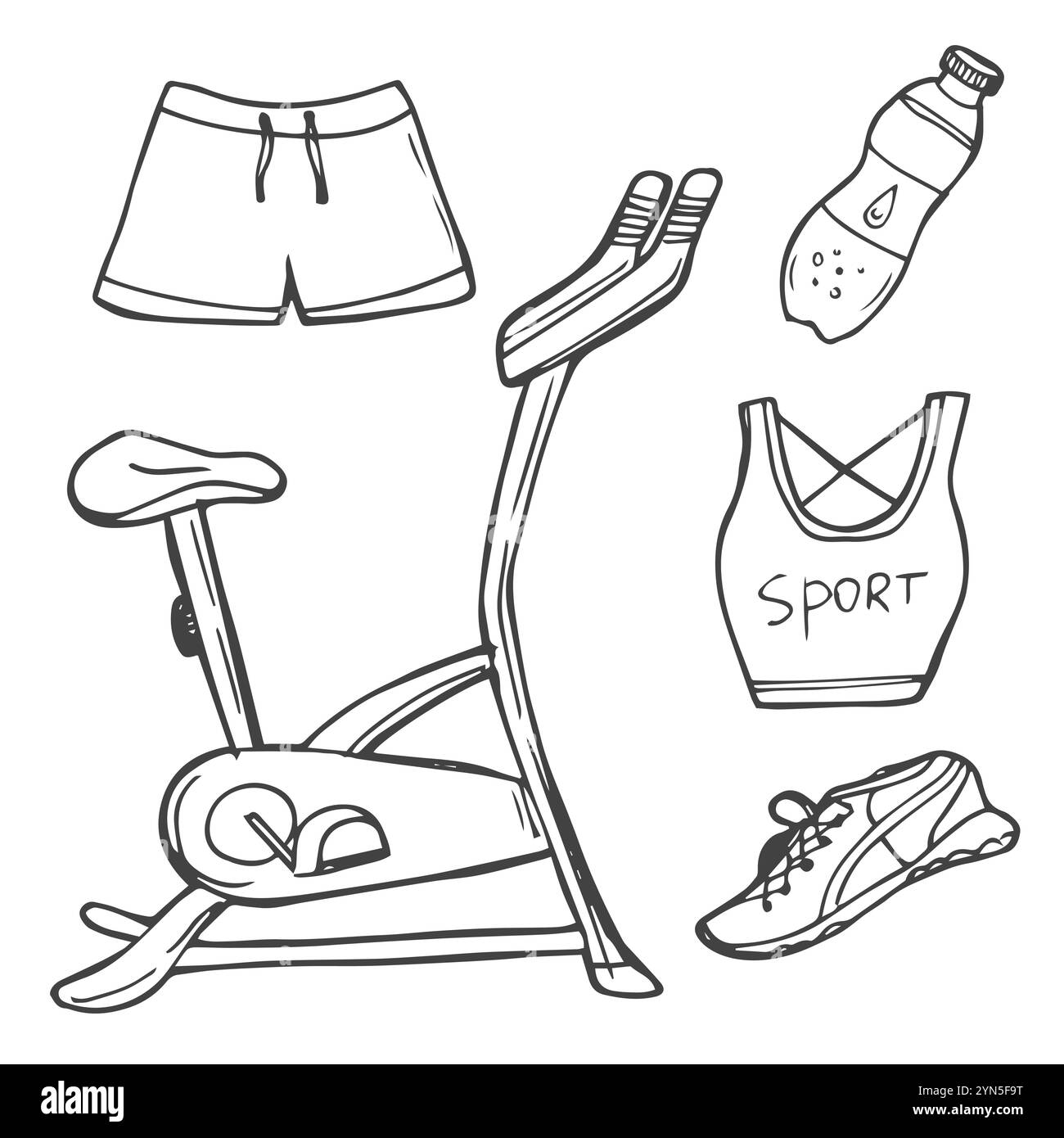 Hand drawn set of fitness, gym equipments, activity lifestyle concept ...