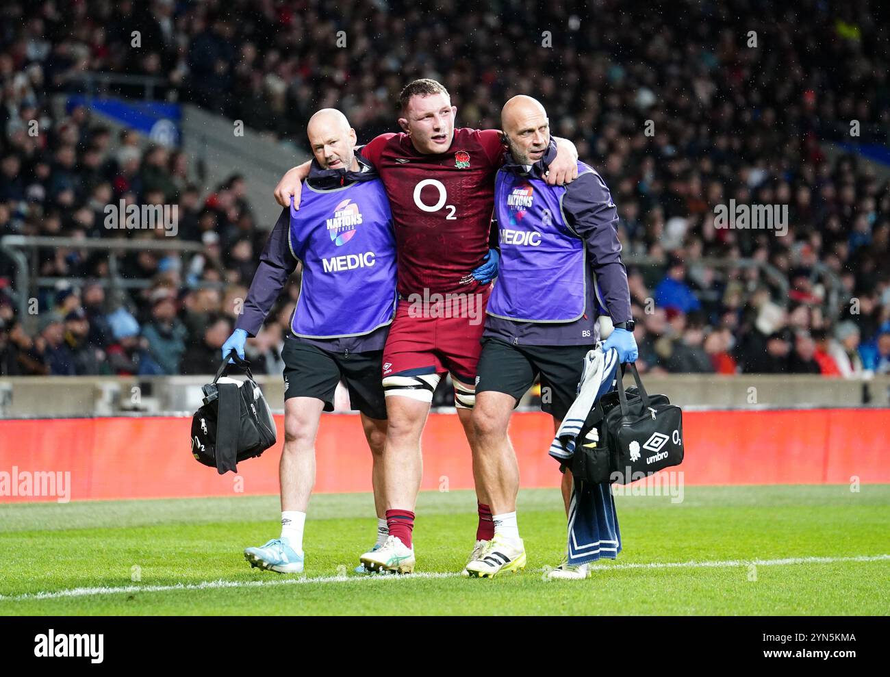 England's Sam Underhill leaves the pitch after picking up an injury ...