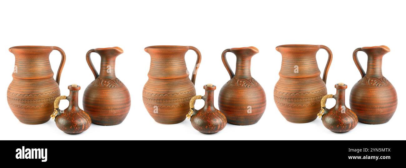 Set of old ceramic pot Isolated on white background. Panoramic collage ...