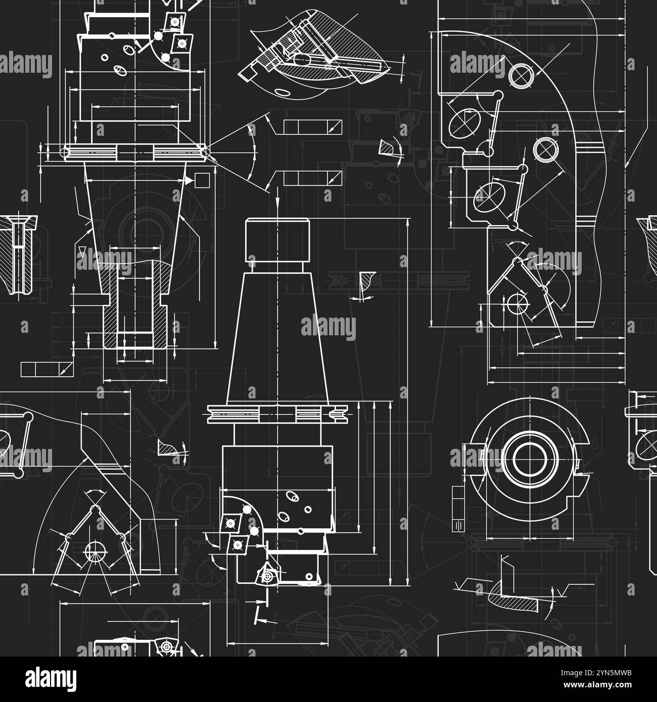 Mechanical engineering drawings on black background. Tap tools, borer ...