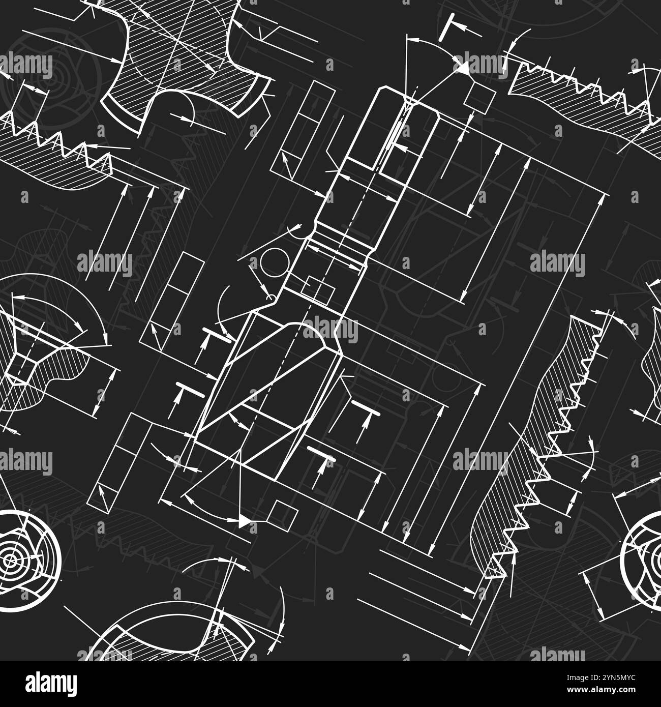Mechanical engineering drawings on black background. Tap tools, borer ...