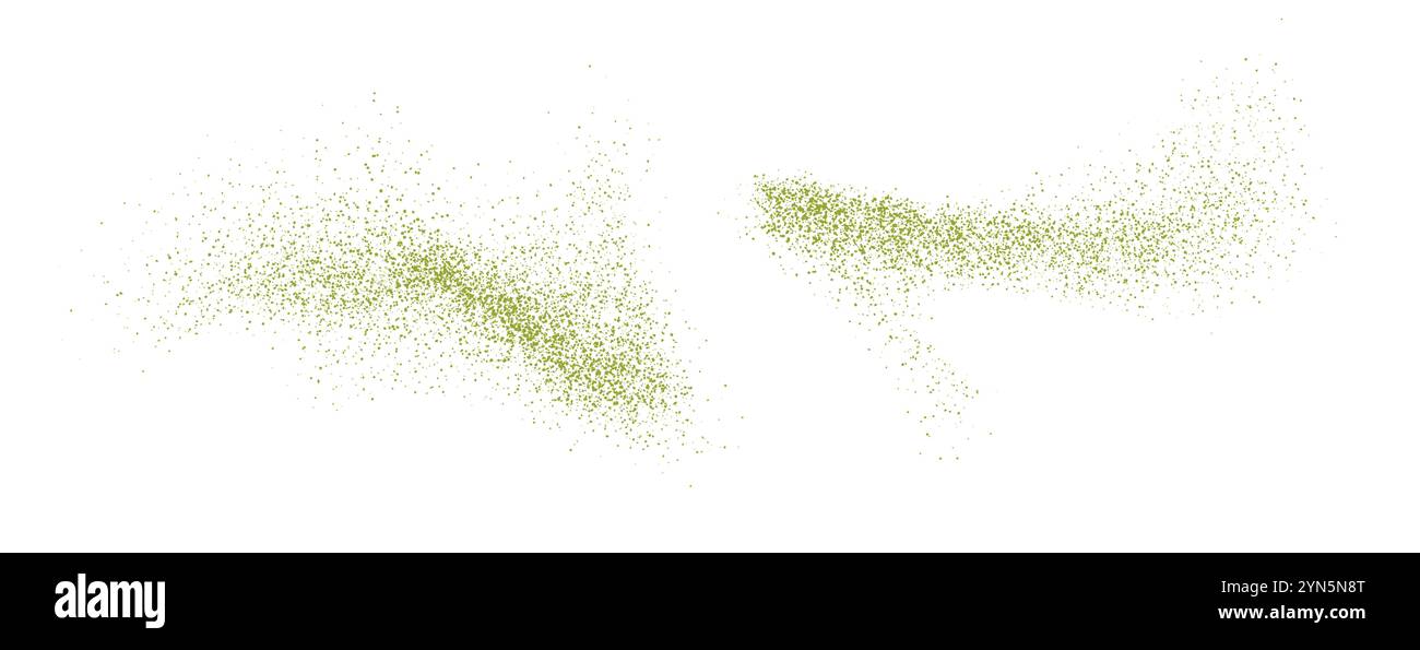 Flying matcha powder, dust particles in motion, green splashes isolated ...