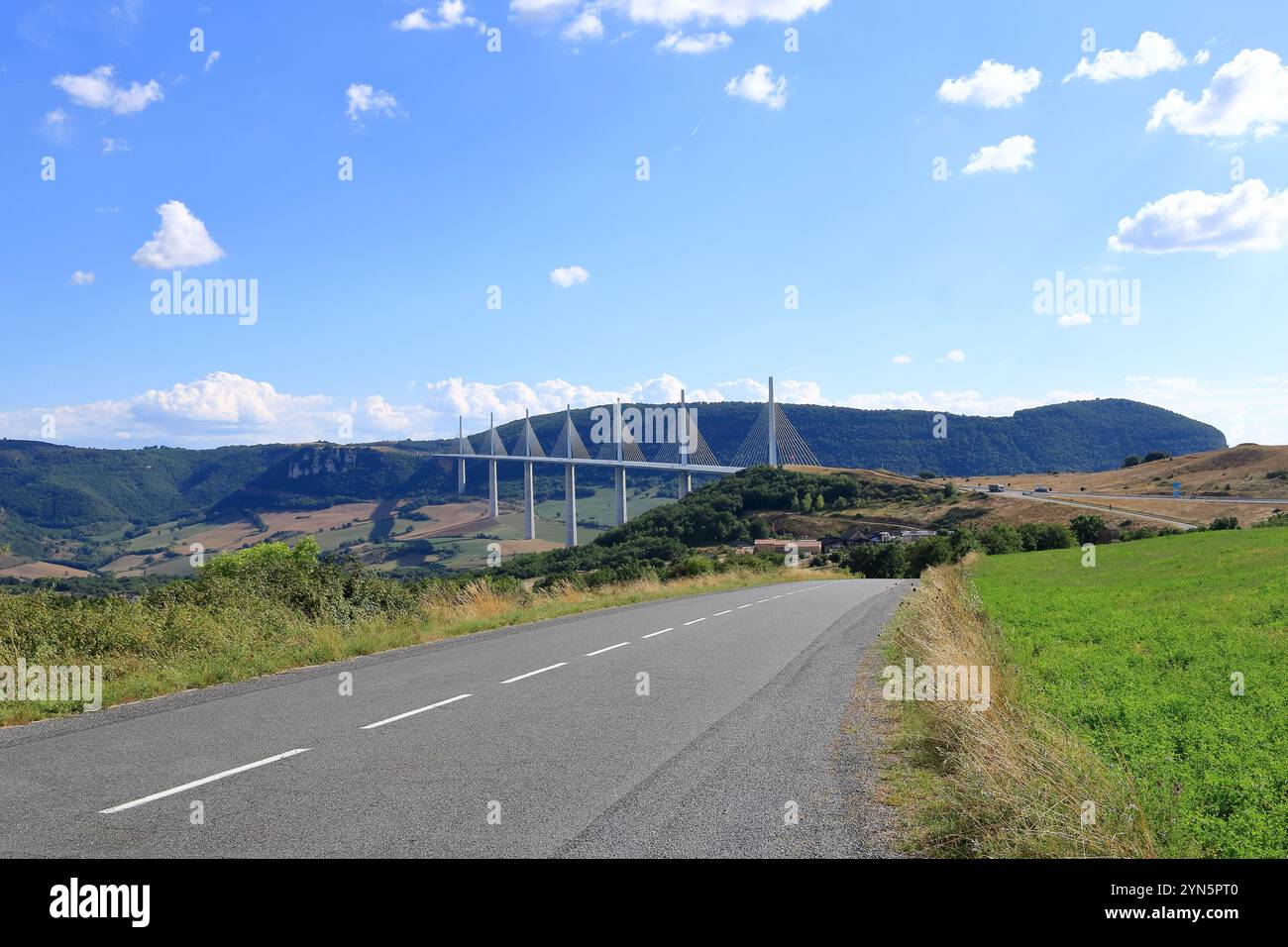 multispan cable stayed Millau Viaduct across gorge valley of Tarn River ...