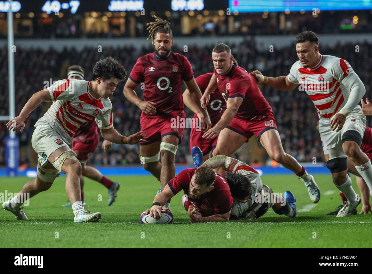 Luke Cowan-Dickie of England goes over for a try during the Autumn ...