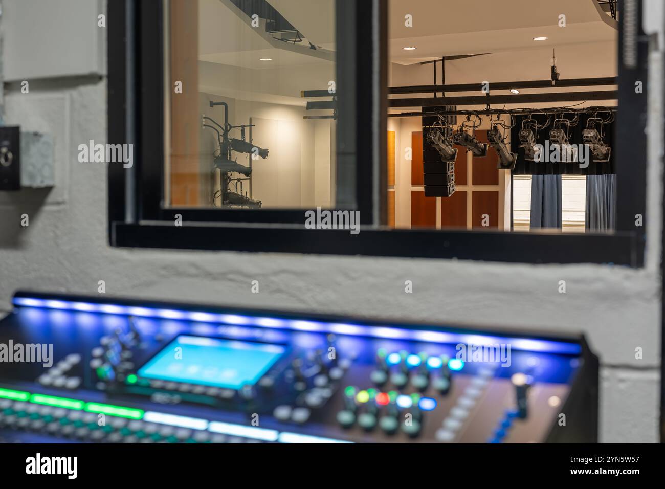 Mixing console, sound board, equipment in an auditorium, theater sound ...