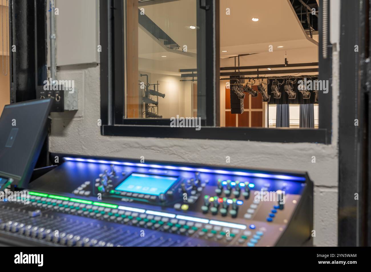 Mixing console, sound board, equipment in an auditorium, theater sound ...
