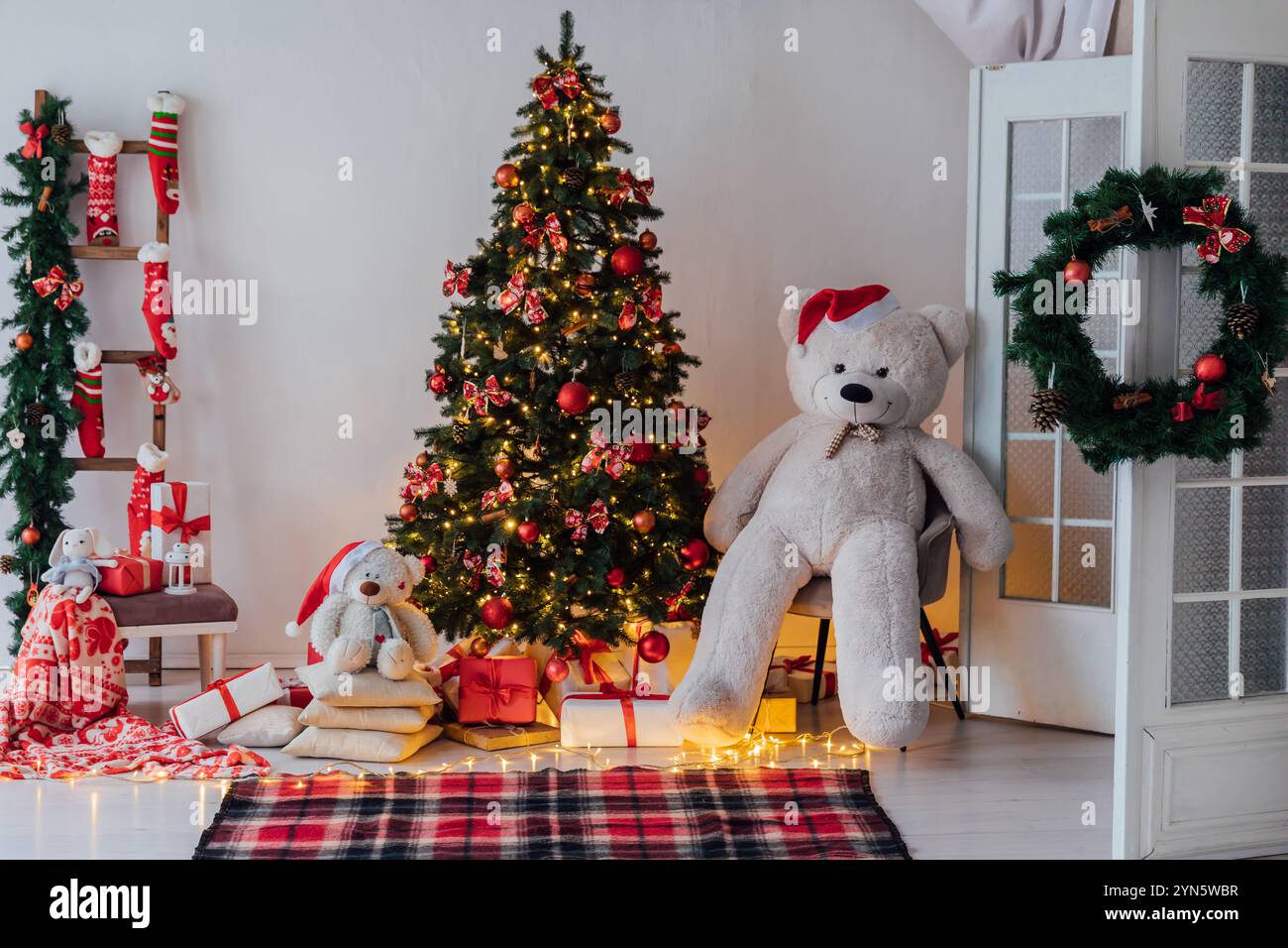 Christmas Tree With Gifts Decorated With Garlands Toys Interior Stock ...