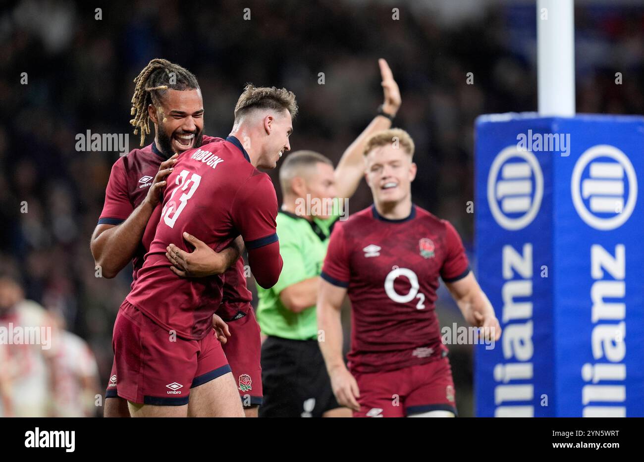 England's Tom Roebuck (second left) is congratulated by Chandler ...