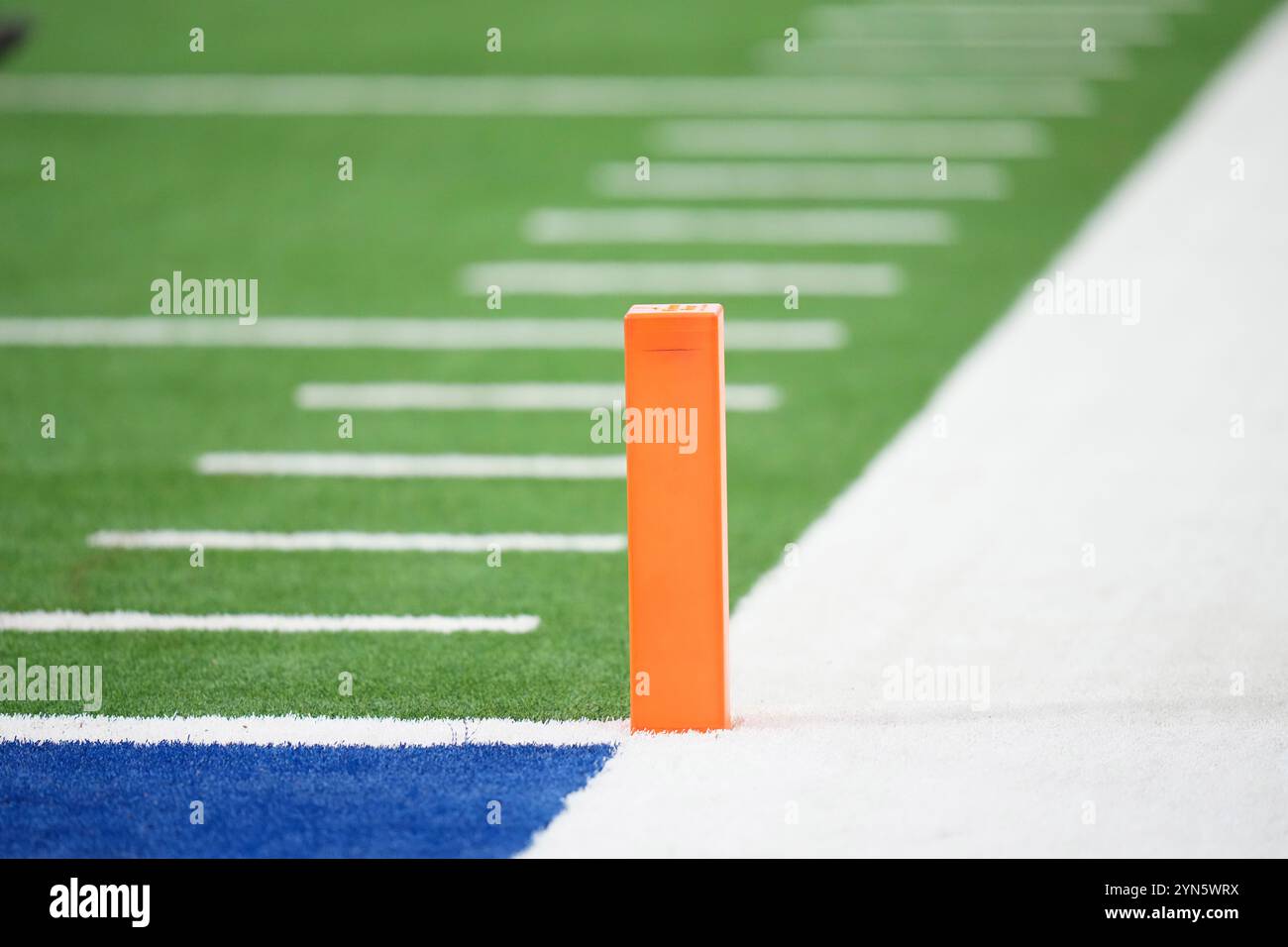 A goal line pylon is photographed during pregame of an NFL football ...