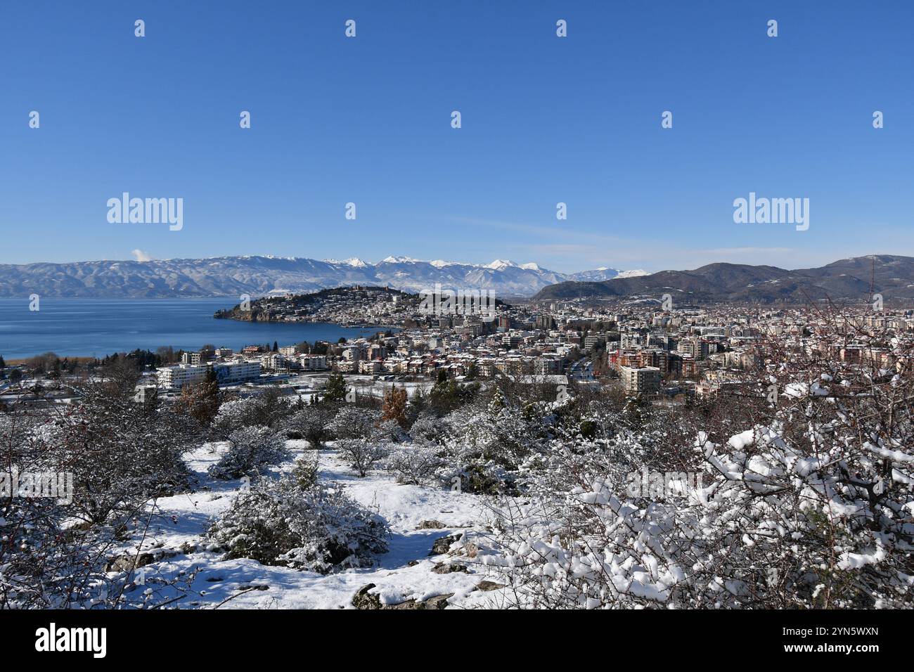 View of city of Ohrid in the winter from the hill. Ohrid is a ...