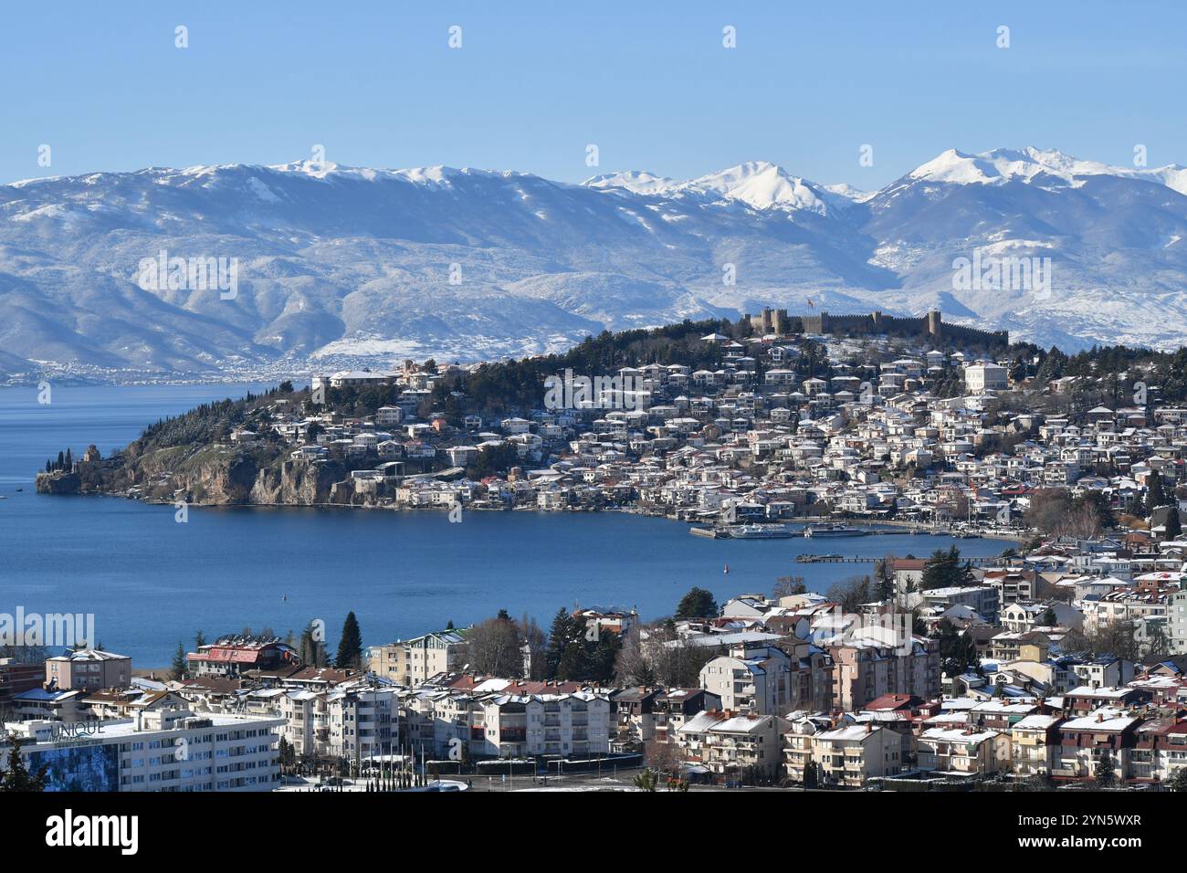 View of city of Ohrid in the winter from the hill. Ohrid is a ...
