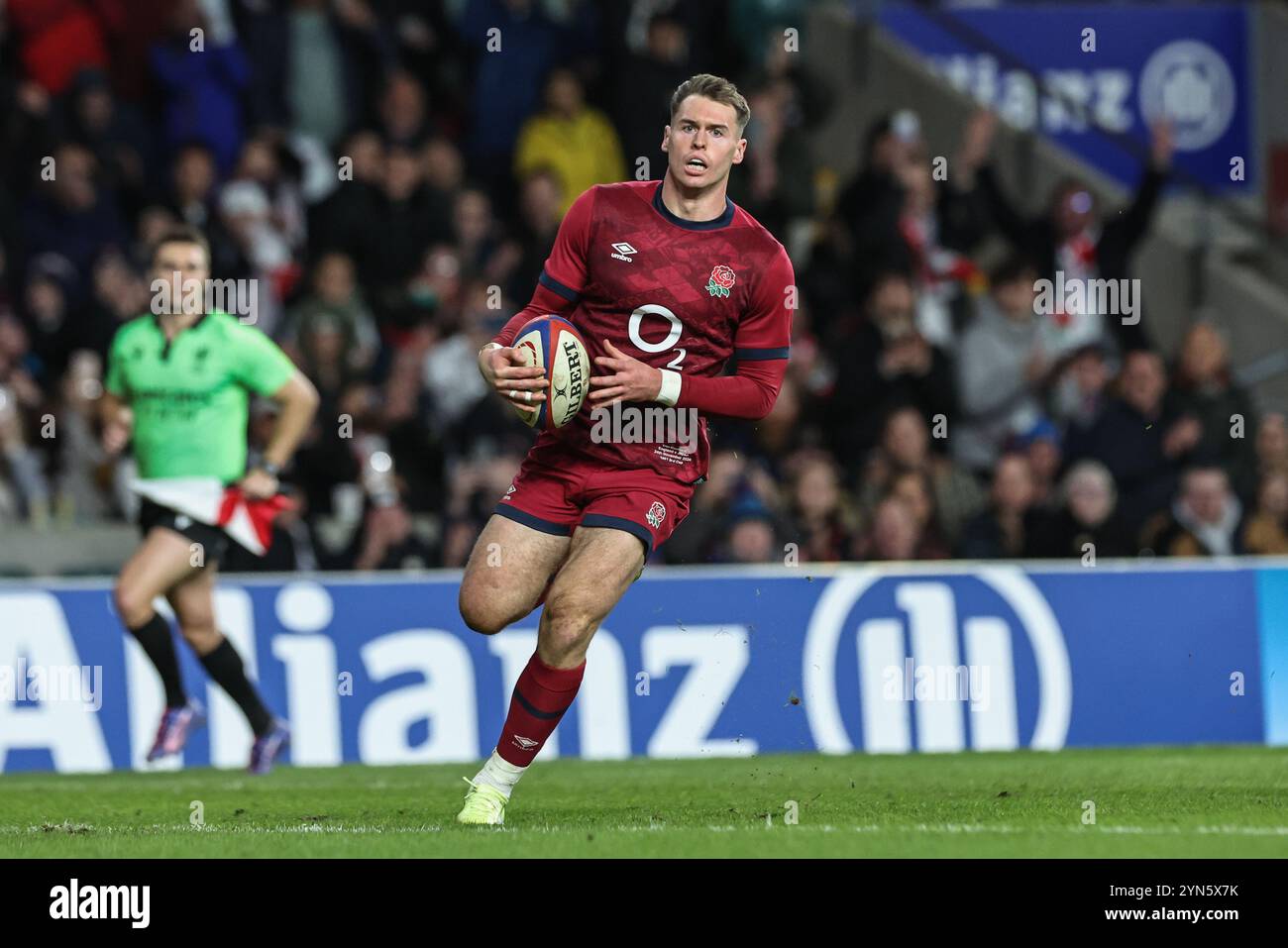 Tom Roebuck of England runs in a solo try during the Autumn Nations ...