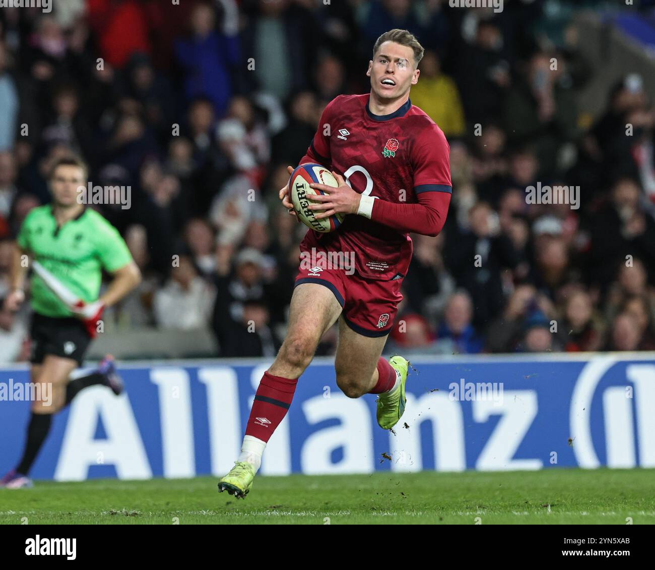 Tom Roebuck of England runs in a solo try during the Autumn Nations ...