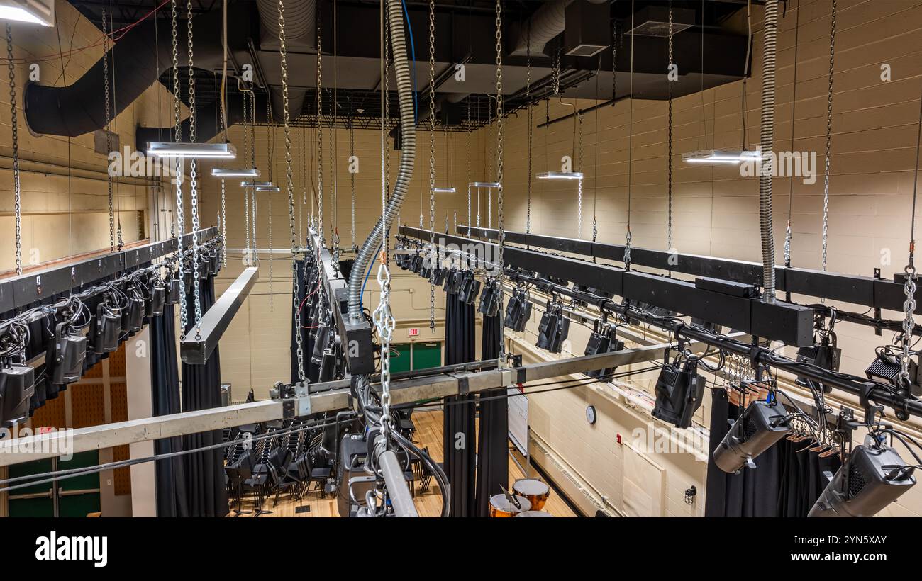 Theater stage rigging with theatrical equipment, lighting, supports ...