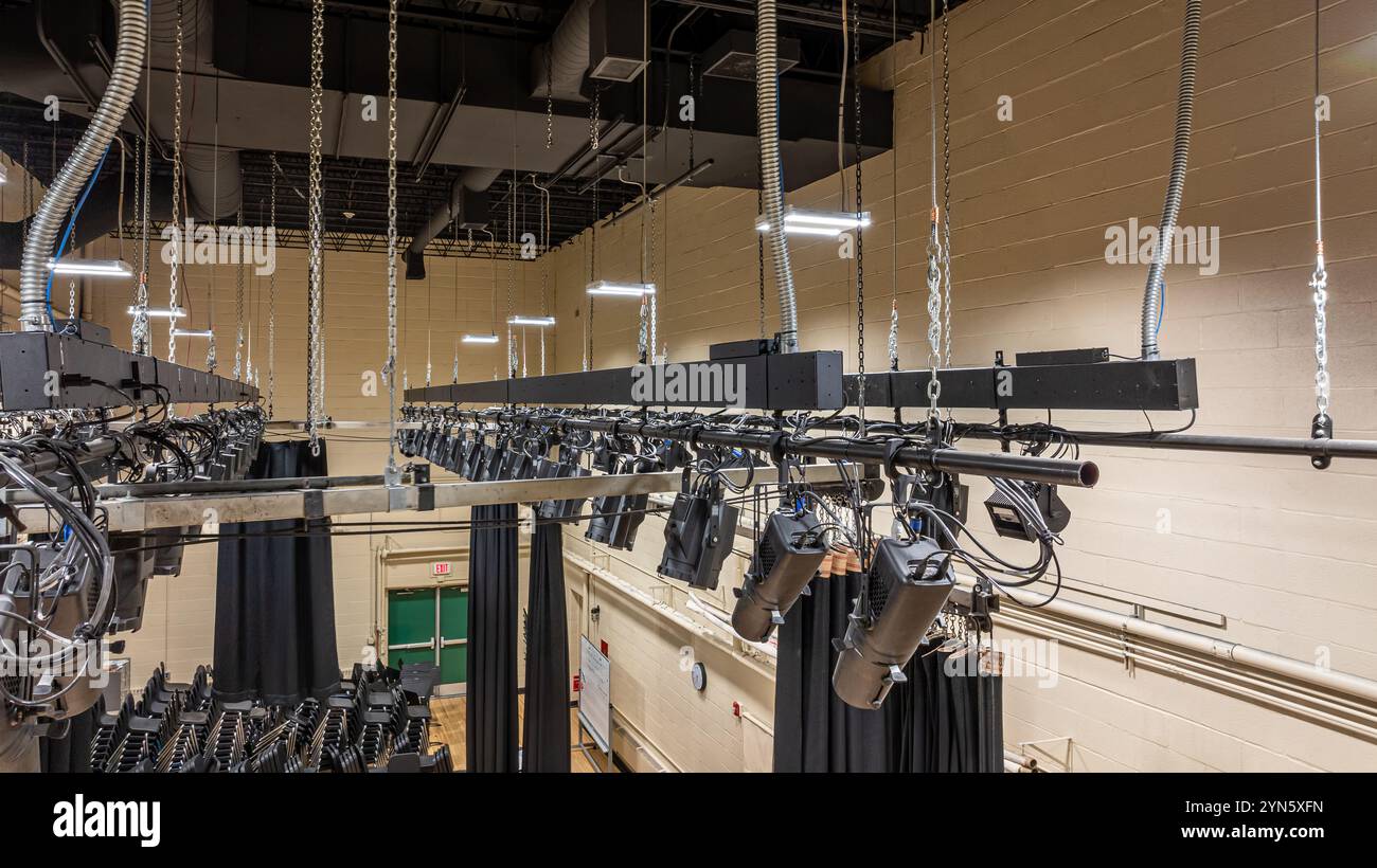Theater stage rigging with theatrical equipment, lighting, supports ...