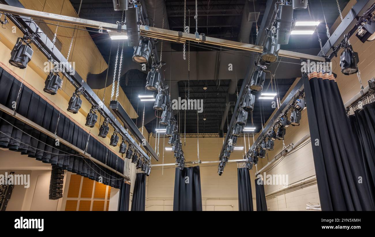 Theater stage rigging with theatrical equipment, lighting, supports ...