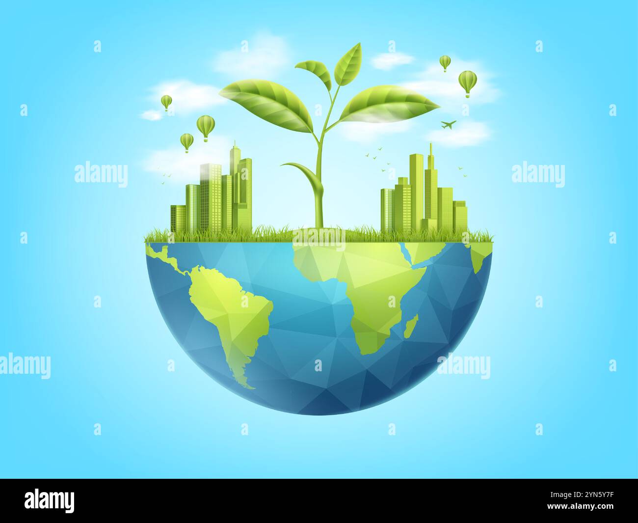 World environment. Green earth, tree and skyscrapers, recycle and save ...