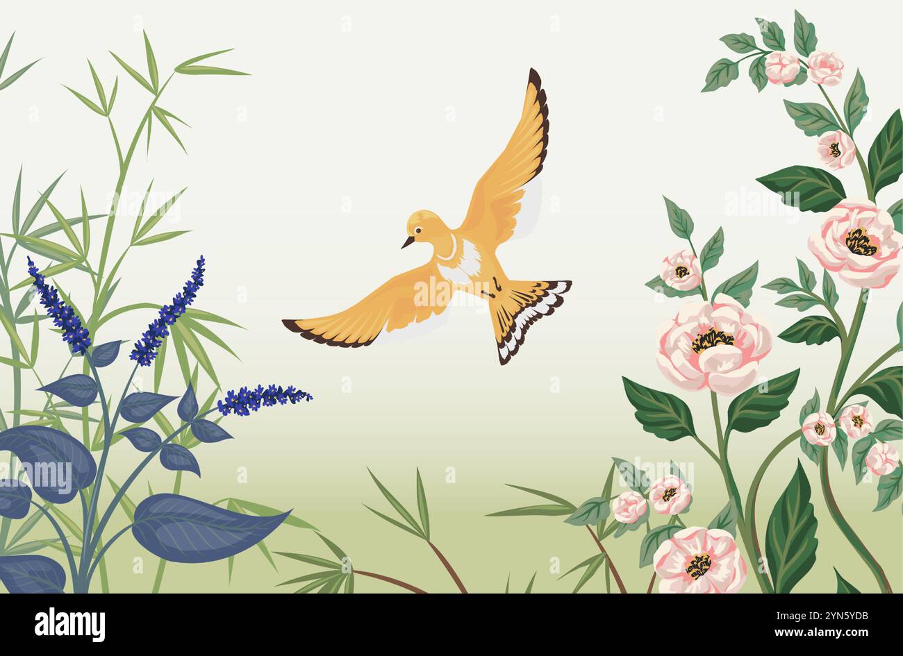 Chinoiserie birds and plants. Asian garden nature. Exotic flying animal ...