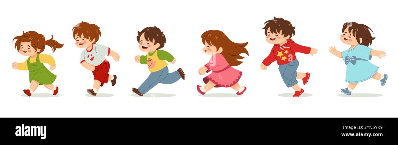 Running kids. Summer chase game. Happy boys and girls group. Cute ...
