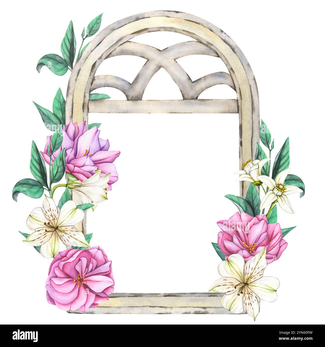 Gothic window with White and pink flowers and Butterfly. Medieval white ...