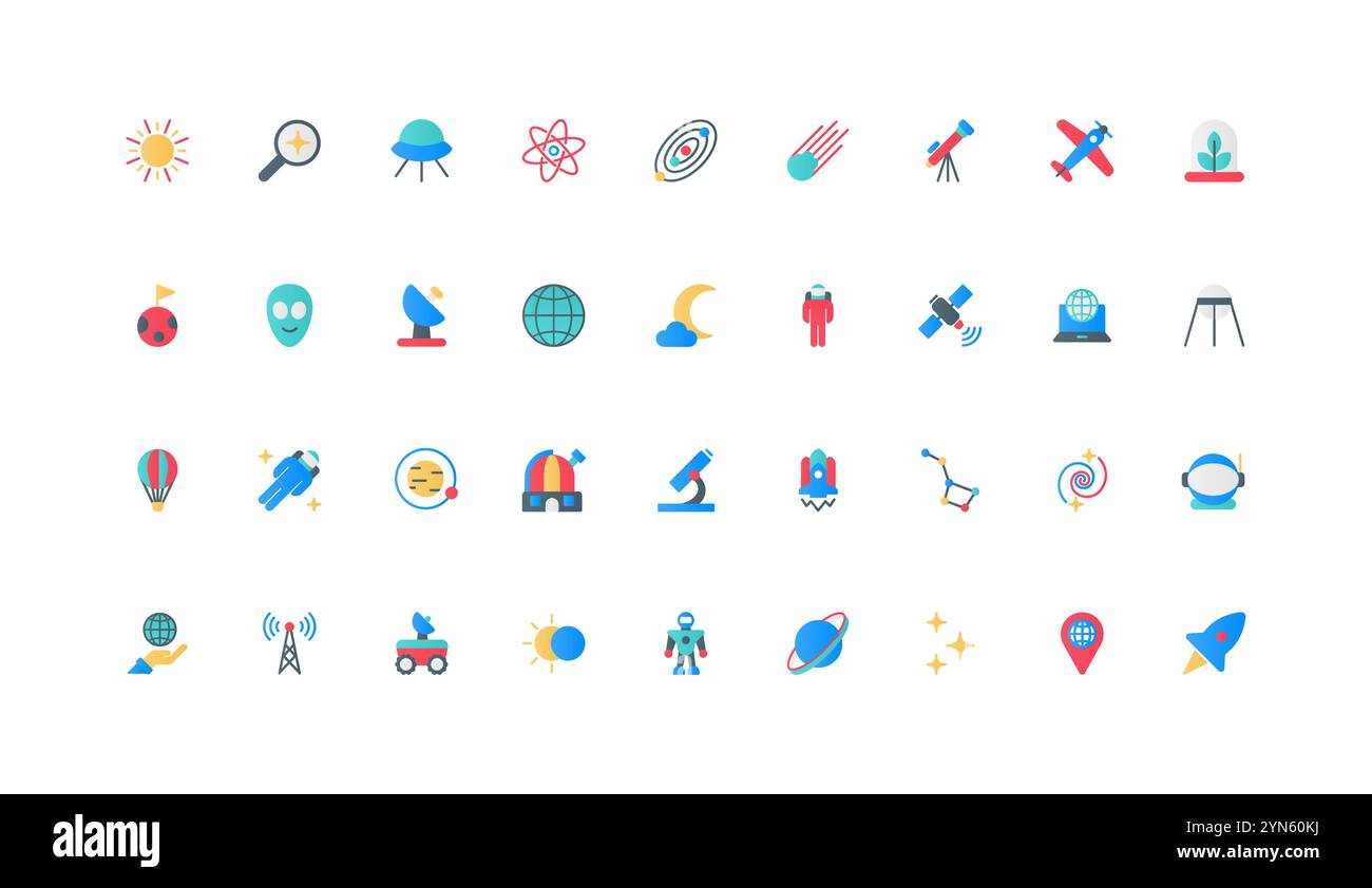 Space and galaxy discovery with astronomy science, astronaut and spaceship color icon set ...