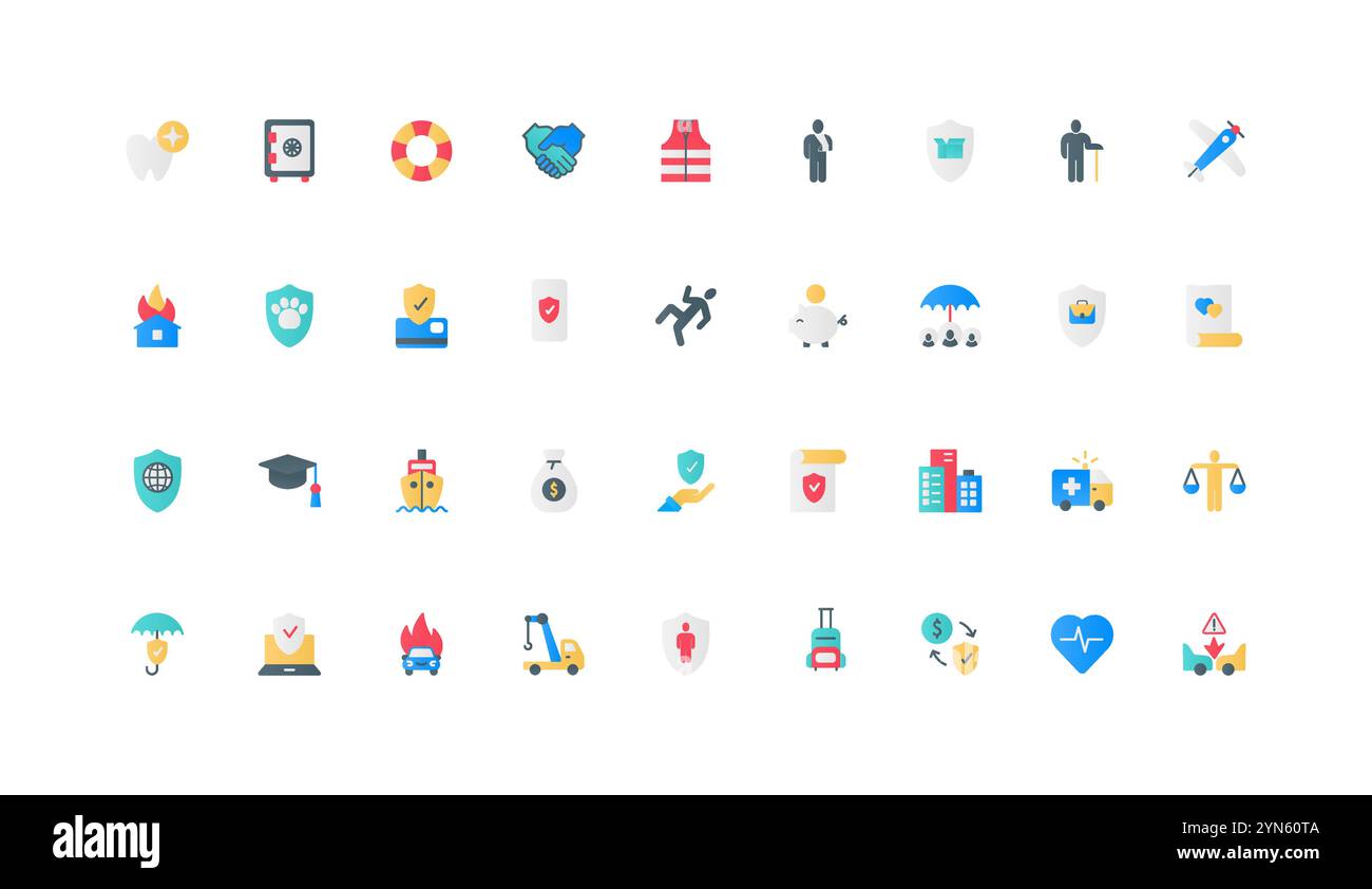 Insurance and risk coverage in travel, disaster and accident color icon ...