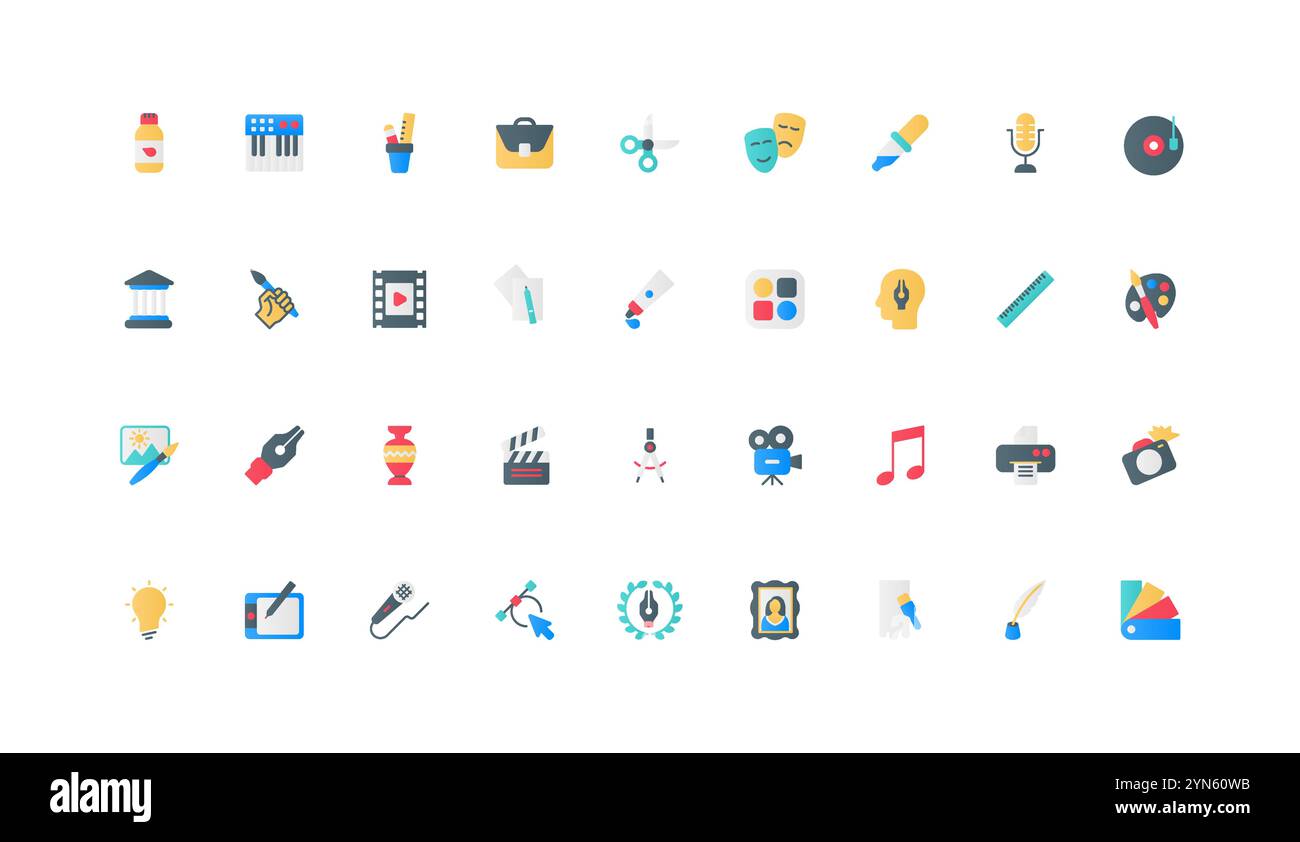 Creation of creative multimedia art content color icon set. Author and ...